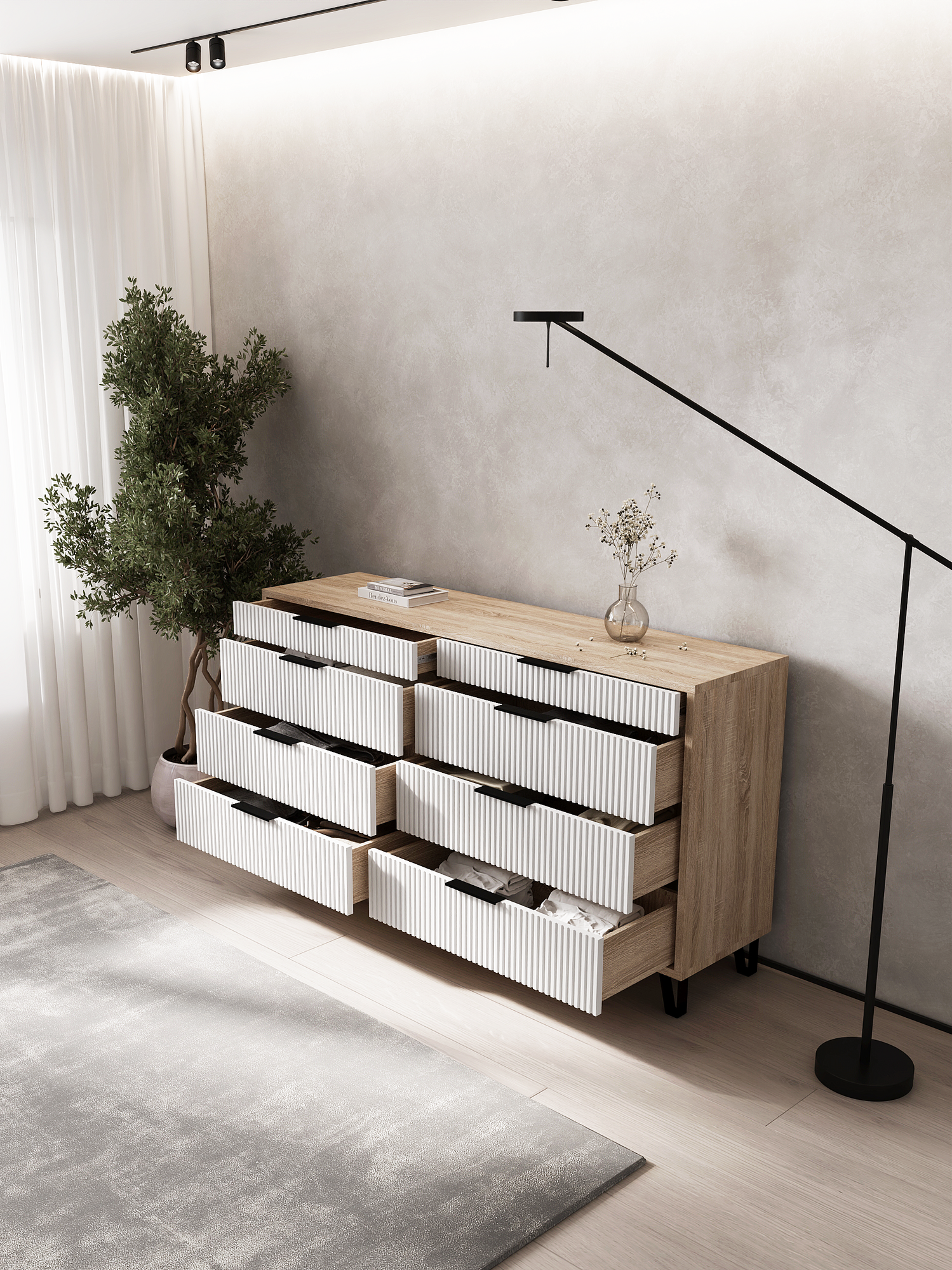 Комод A-A MEBEL Берген 160х40х88 см, фасады МДФ, 8 выдвижных ящиков, с доводчиками