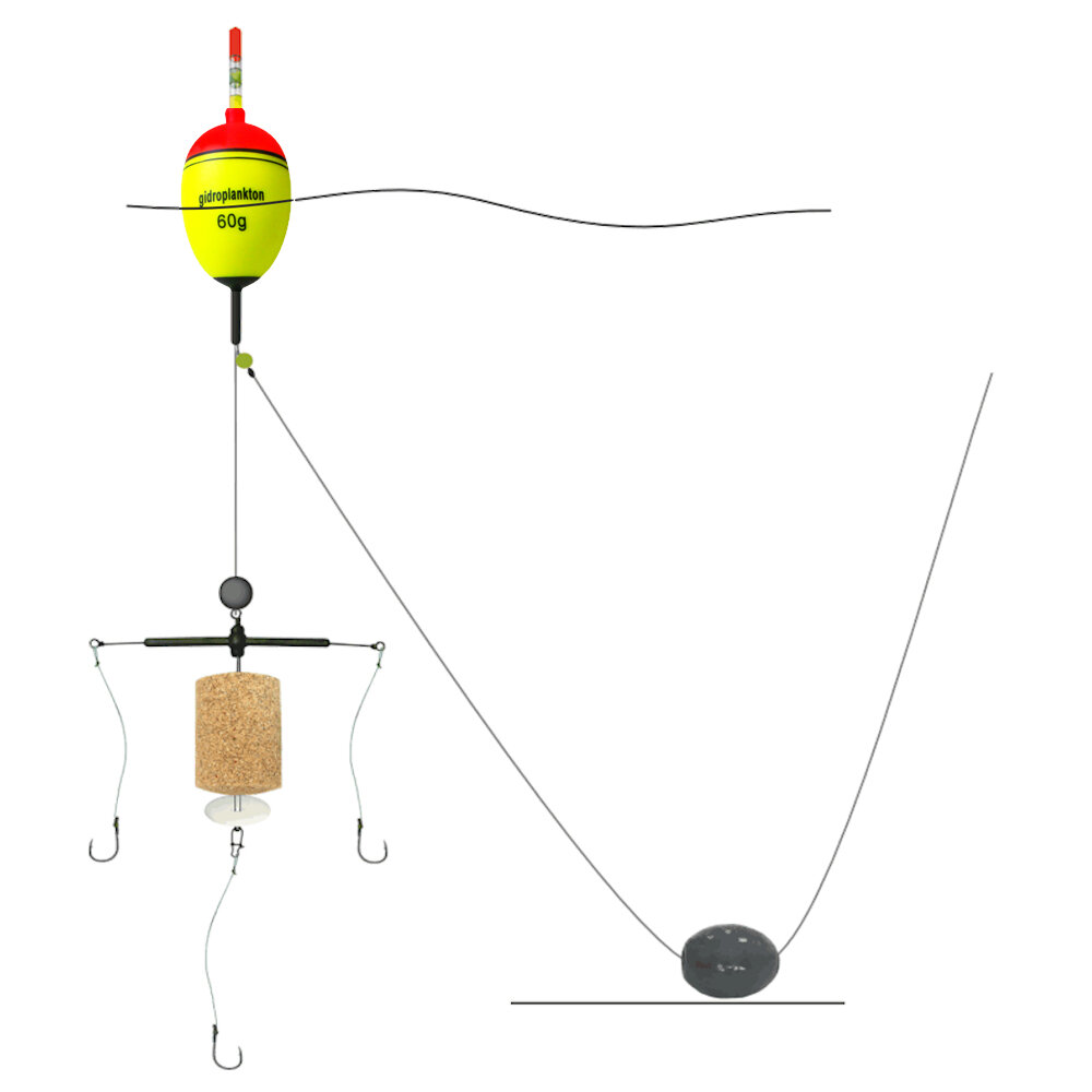 Монтаж на толстолобика Гидропланктон №2: Т-образная оснастка, EVA-поплавок 60г, 3 крючка Iseama №15, грузило 40г