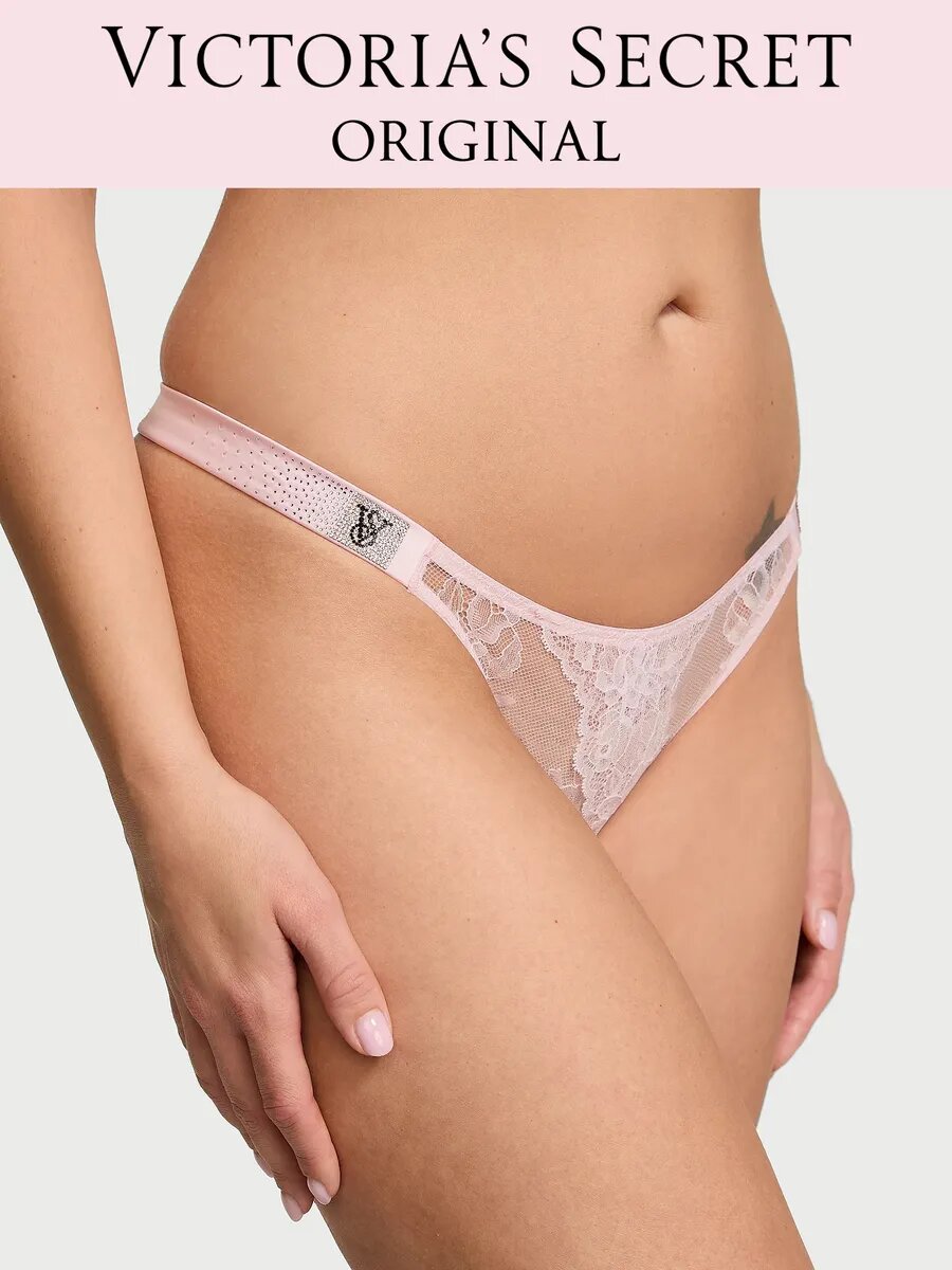 Трусы Victoria's Secret L бледно-розовые кружевные с ремешками украшенными россыпью страз, с доступом, 18+