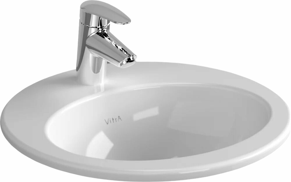 Раковина встраиваемая сверху VitrA S20 5468B003-0001 52 полувстраиваемая, фарфоровая, раковина для ванной, белая, глянцевая, овальная, со встроенным сливом-переливом
