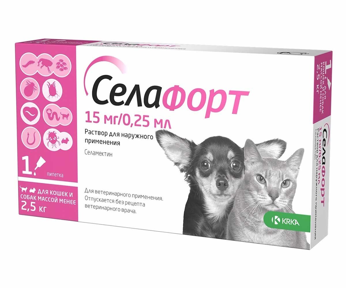 KRKA Селафорт капли от блох, клещей и гельминтов для кошек и собак <2,5 кг, 15 мг/0,25мл, 1 пипетка