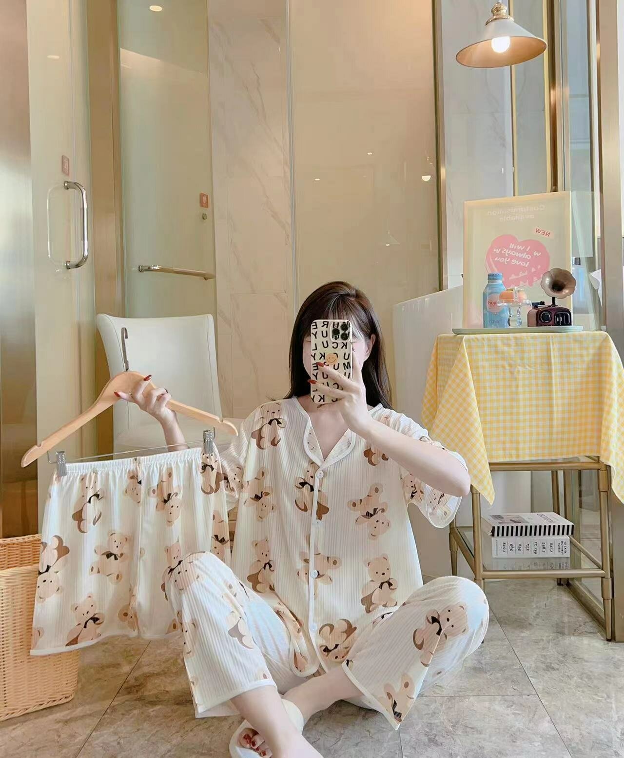 Весенне-осенний женский пижамный комплект из трех предметов, стильный костюм с короткими рукавами, свободный край, милая домашняя одежда для девочек, размер: M