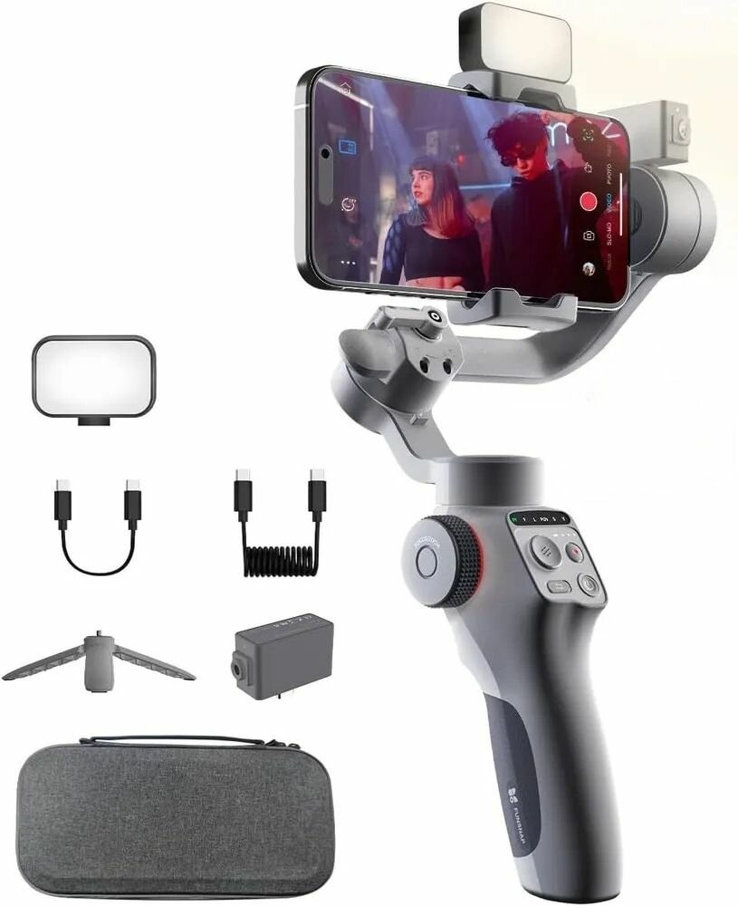 FUNSNAP C05 Kit Gimbal Stabilizer для смартфонов, 3-осевой с магнитным заполняющим светом/датчиком отслеживания AI для iPhone 15 14