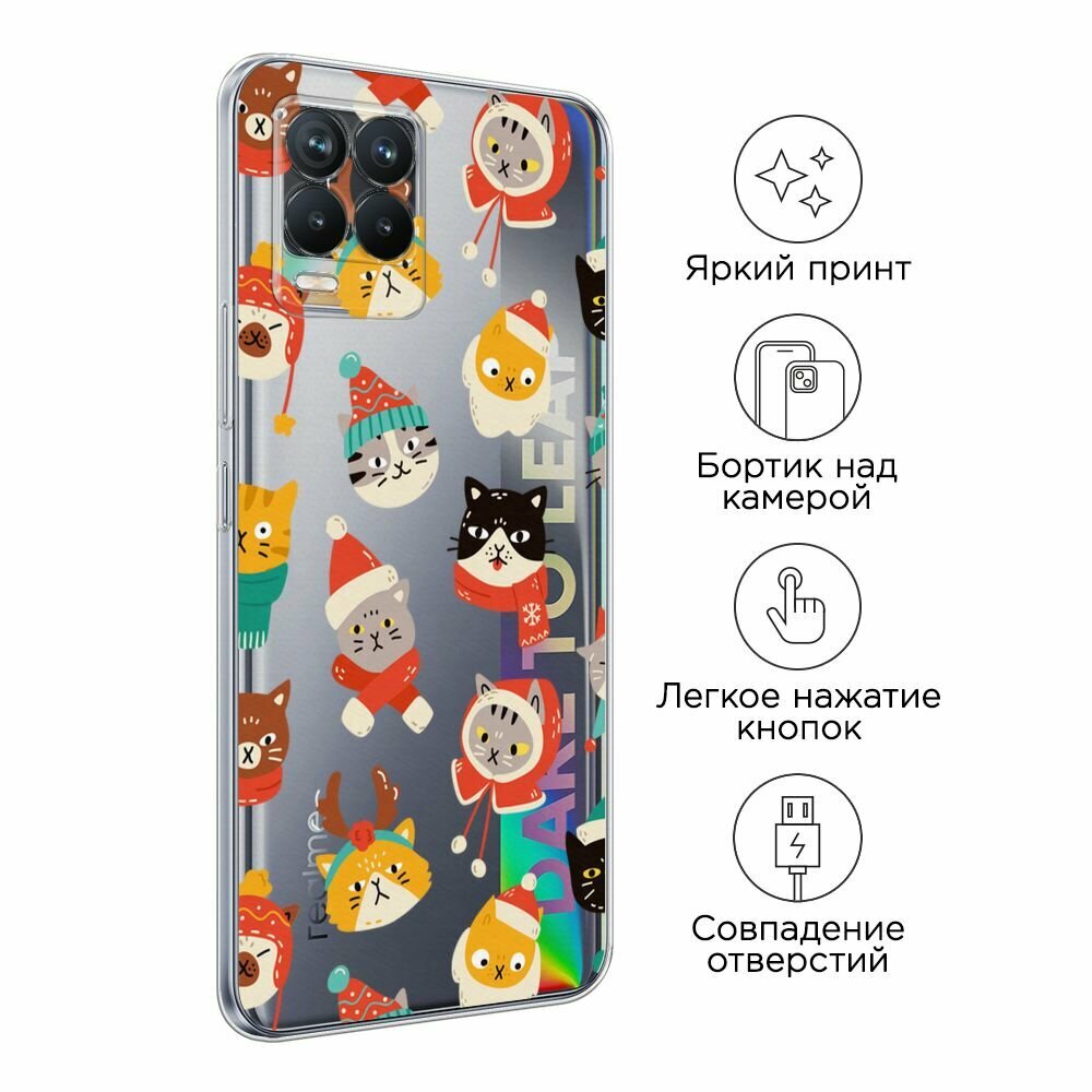 Чехол на Realme 8/8 Pro / Реалми 8/8 Про с принтом Праздничные котики, прозрачный — фото 1
