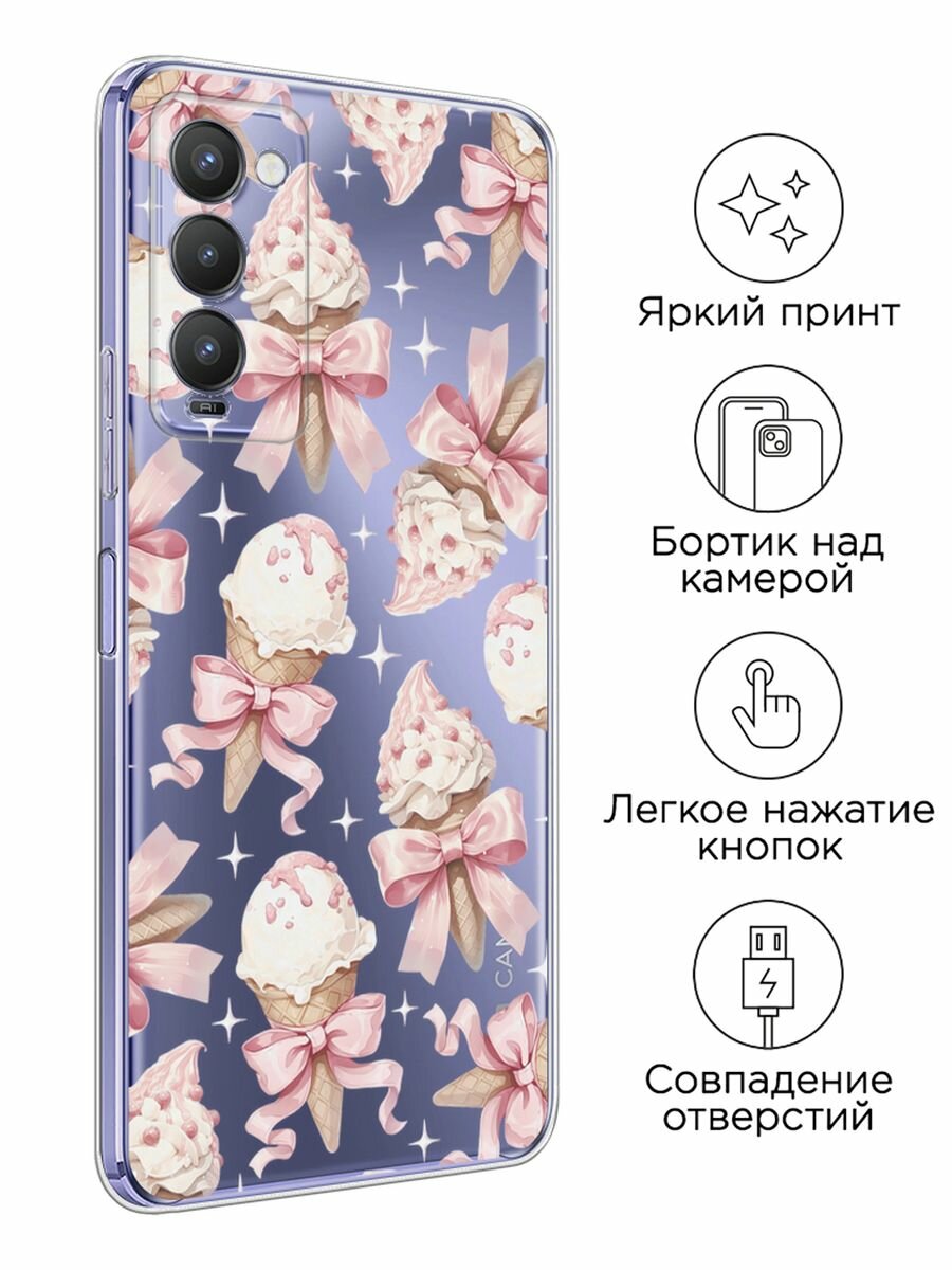 Чехол на Tecno Camon 18/18T / Текно Камон 18/18T с принтом "Мороженое с бантиками", прозрачный — фото 1