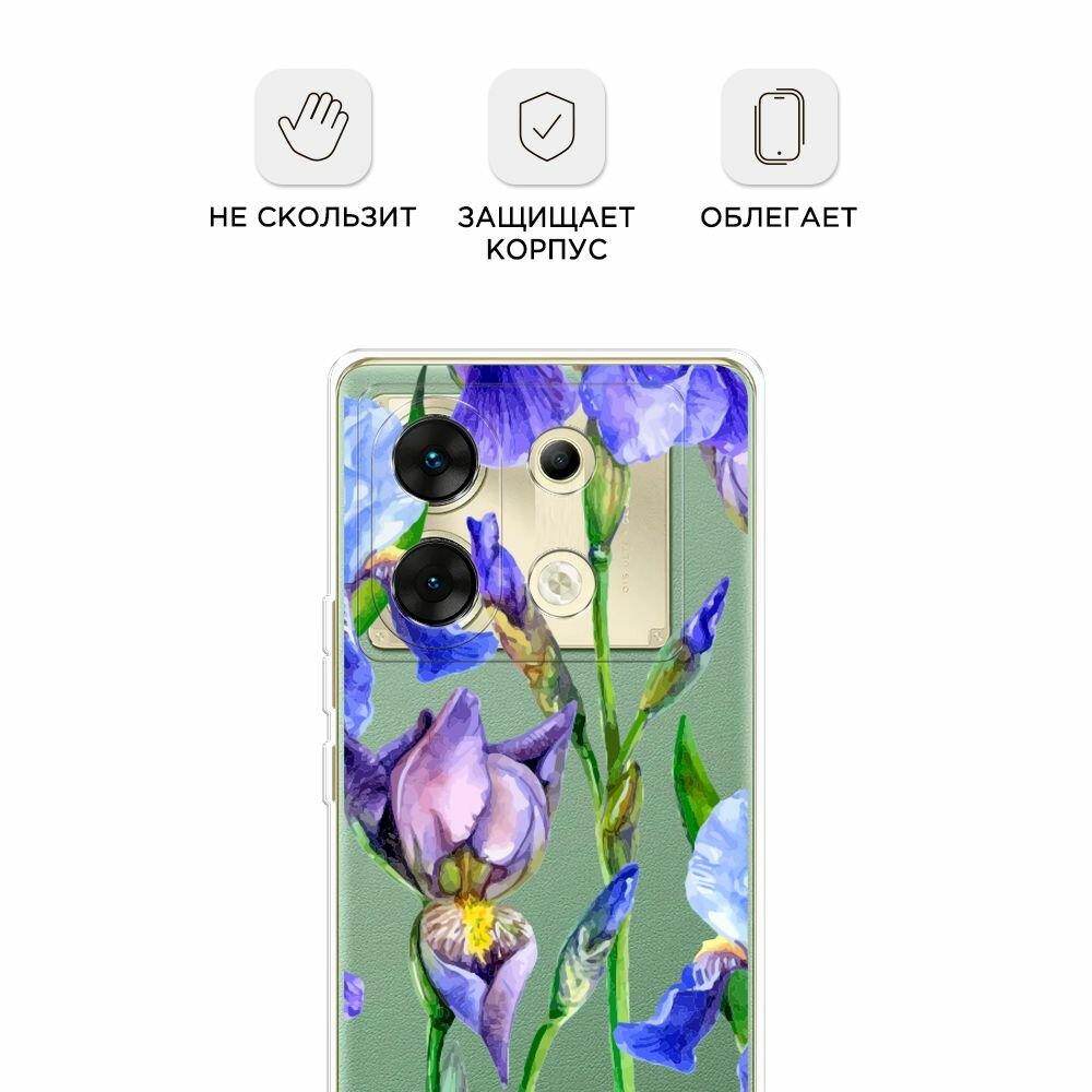 Чехол на Infinix Zero 30 5G / Инфиникс Зеро 30 5G с принтом "Синие ирисы", прозрачный — фото 1