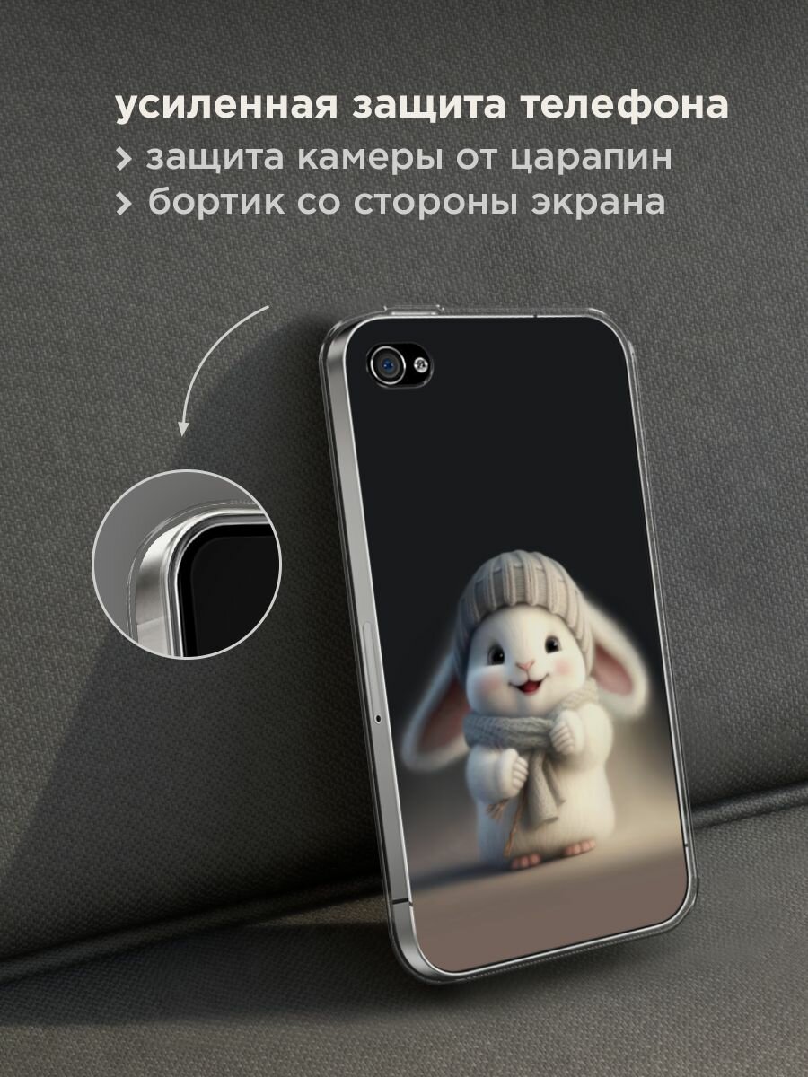 Чехол на Apple iPhone 4/4S / Айфон 4/4S с принтом "Белый крольчонок в шапке" — фото 1