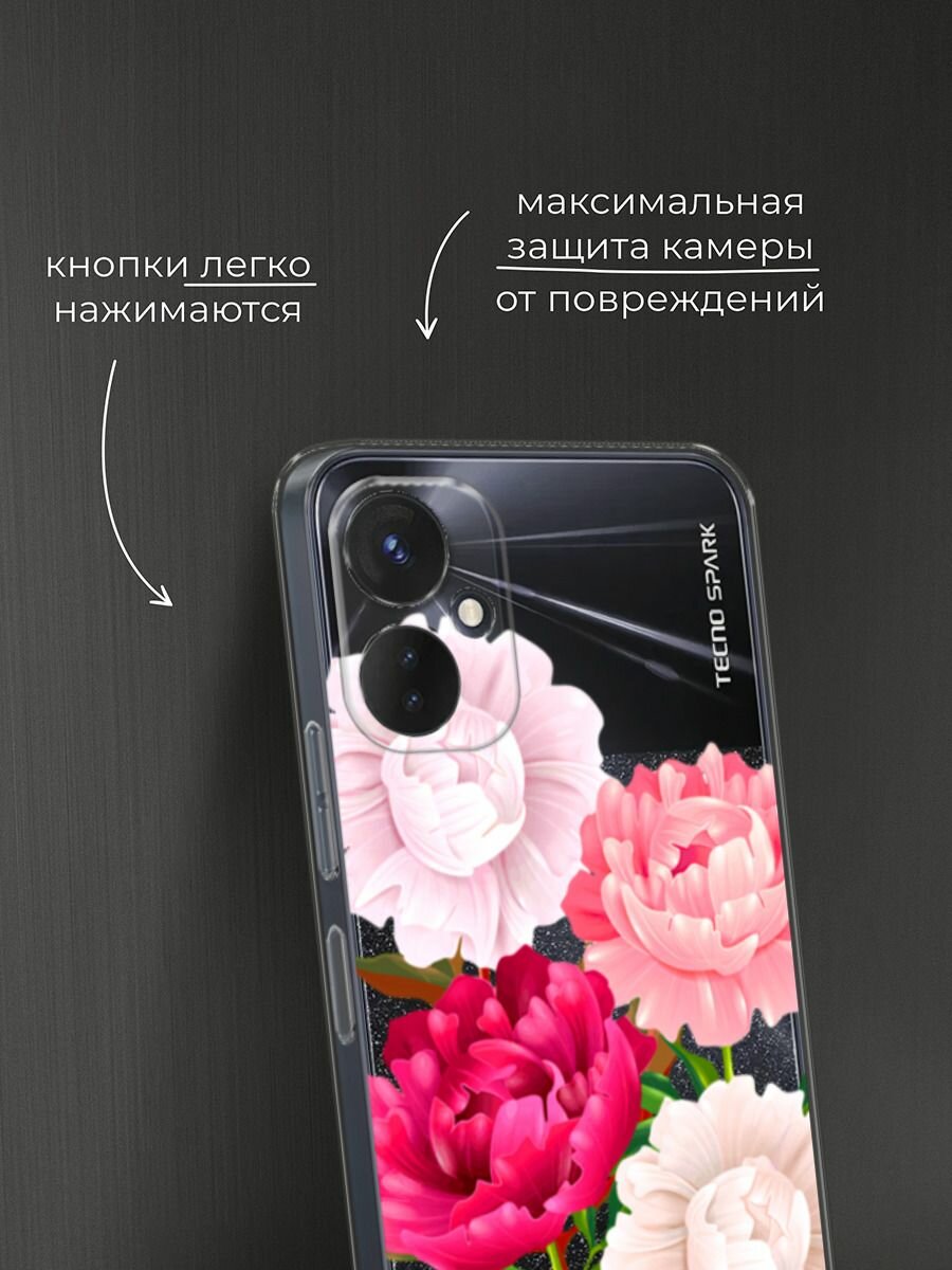 Чехол на Tecno Spark 9 Pro / Техно Спарк 9 Про с принтом "Большие пионы", прозрачный — фото 1