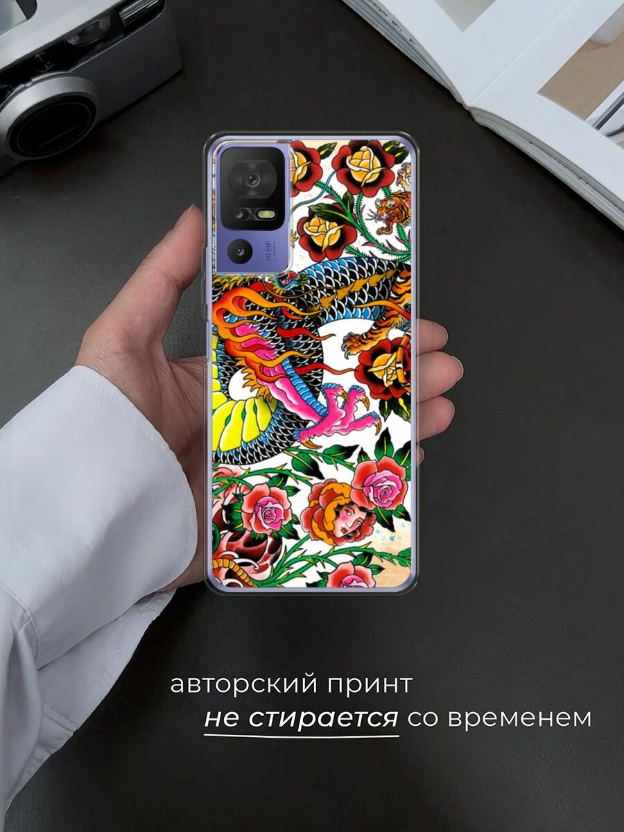 Силиконовый чехол на TCL 40 SE / ТСЛ 40 SE с принтом "Дракон в цветах" — фото 1
