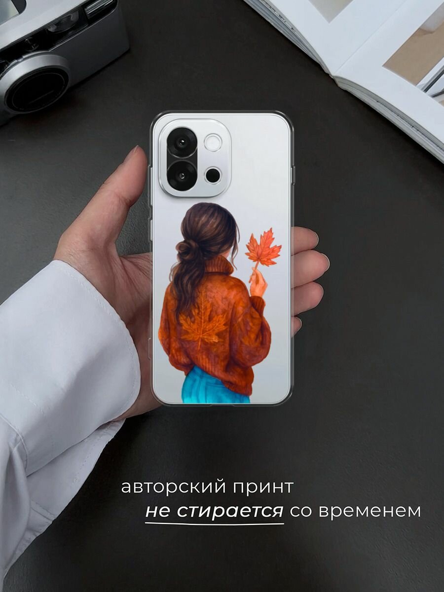 Чехол на OnePlus 13T / Ван Плас 13Т с принтом "Девушка с опавшим листом", прозрачный — фото 1