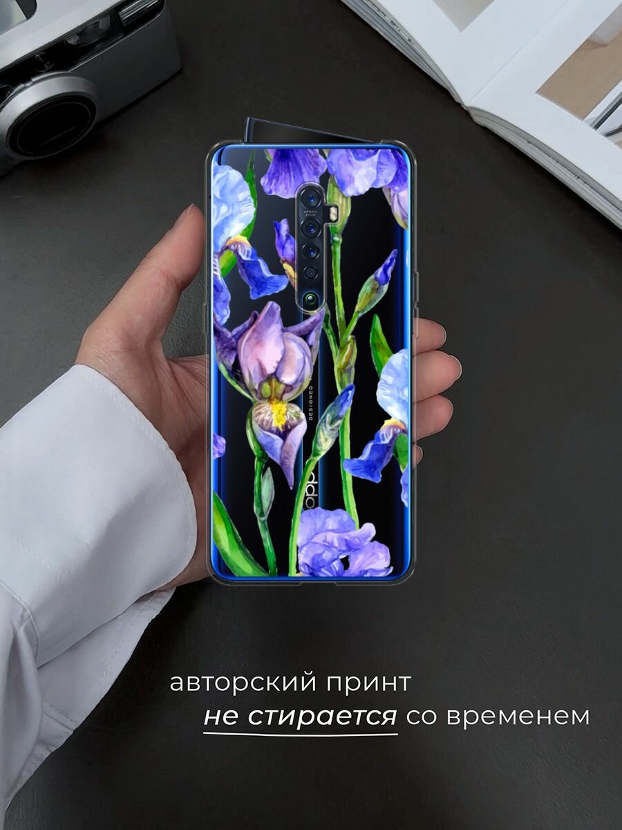Чехол на Oppo Reno 2 / Оппо Рено 2 с принтом "Синие ирисы", прозрачный — фото 1