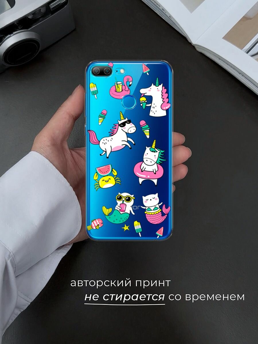 Чехол на Honor 9 Lite / Хонор 9 Лайт с принтом "Единороги в отпуске", прозрачный — фото 1