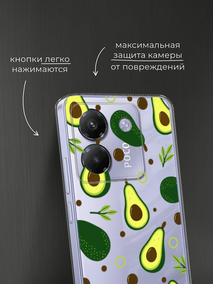 Чехол на Poco M7 Pro / Поко М7 Про с принтом "Авокадо паттерн", прозрачный — фото 1