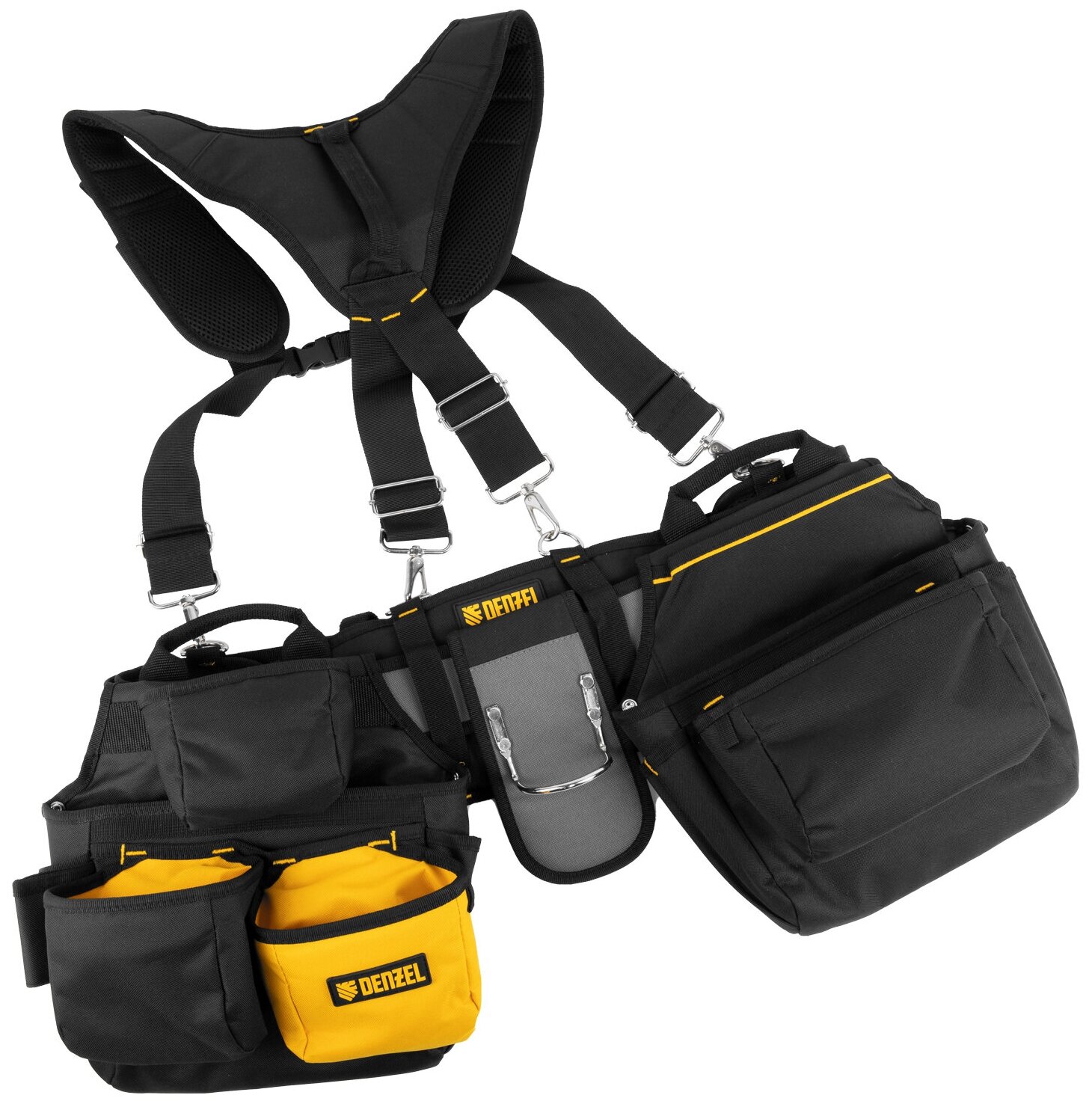 Пояс монтажника усиленный DENZEL с лямками, сумки поясные, держатель для молотка (90290)