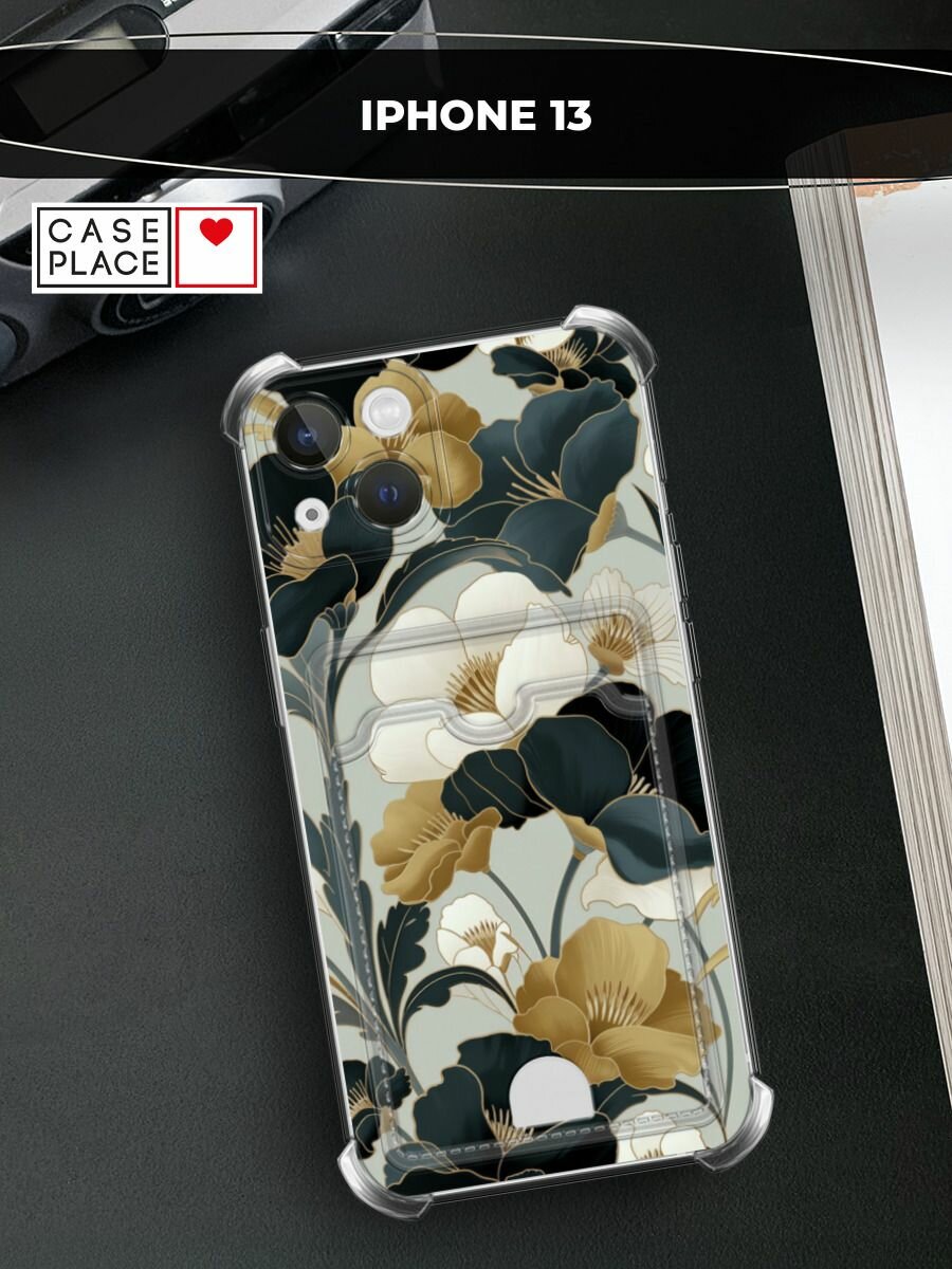 Чехол на Apple iPhone 13 (Айфон 13) с картой и принтом Золотые и белые цветы