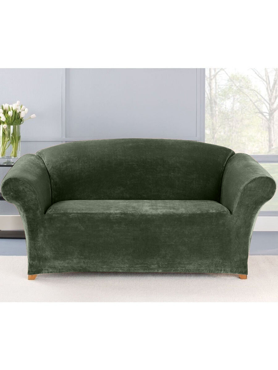 Чехол на двухместный диван Бруклин оливковый, стрейчевый велюр, Виктория Хоум Декор