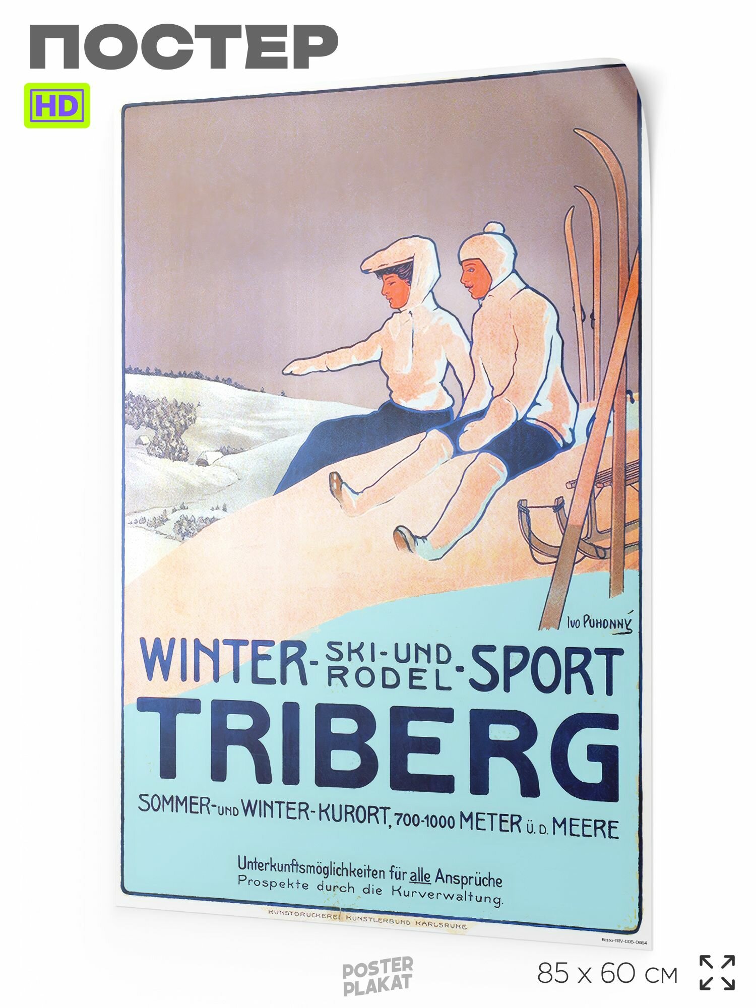 Постер большой ретро винтажный зимний спорт в городе Триберг (Германия), тематика путешествия, на стену для интерьера, А1, Постер Плакат