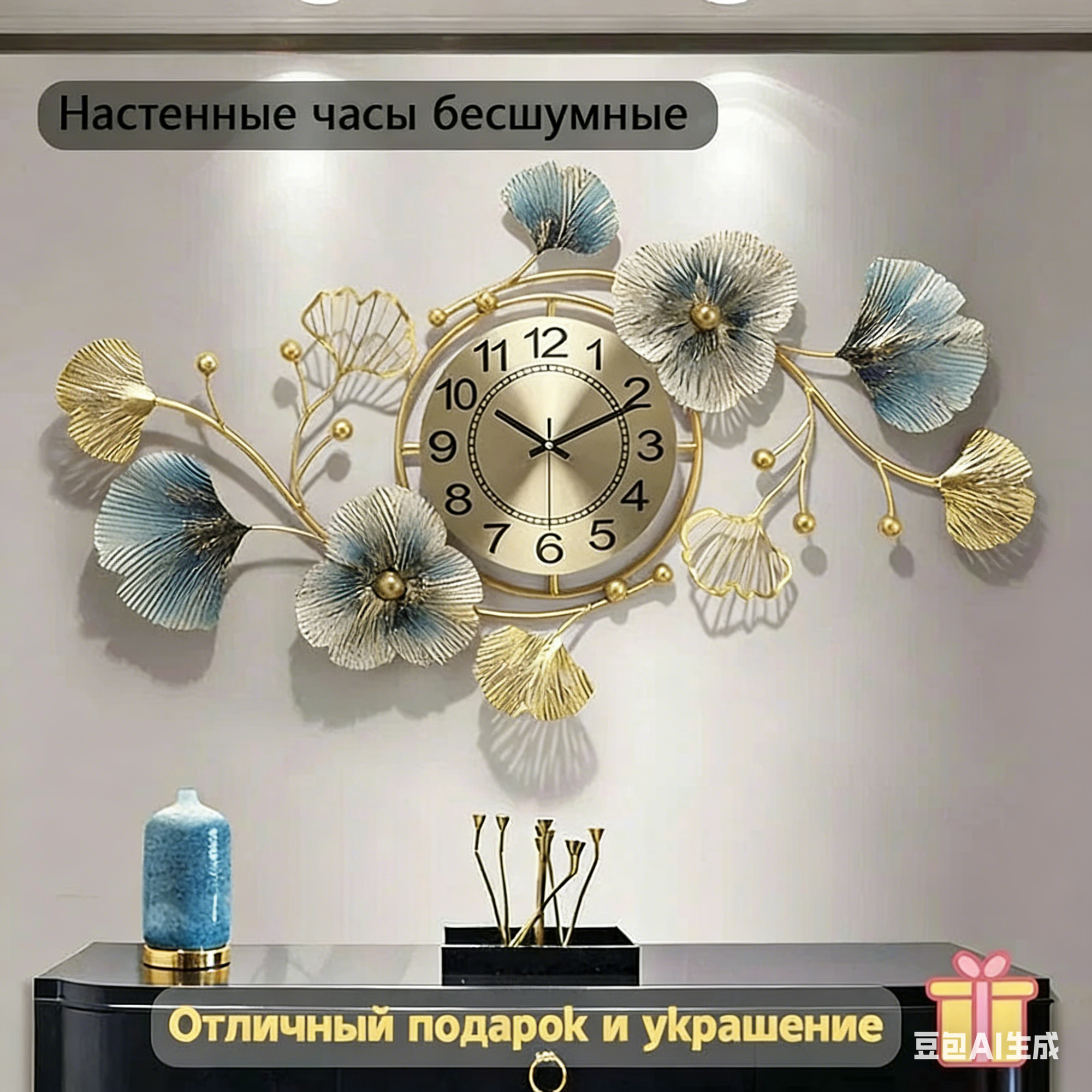 Настенные часы "Гинкго Билоба", бесшумные, кварцевые, металл, бежевые, 83х48х3 см