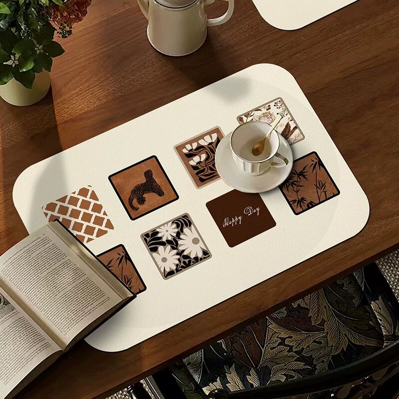 Mid-Century Floral Leather Coaster Set, 30x45 см, водонепроницаемый и устойчивый к пятнам для обеденного стола в