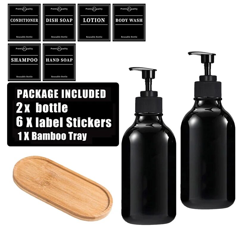 500 мл черная пустая бутылка, набор дозаторов для шампуня, контейнер для хранения геля для душа в ванной комнате с белой/черной этикеткой, аксессуары для ванной комнаты