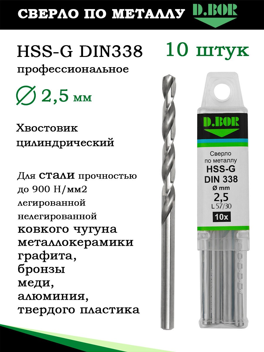 Сверла по металлу 10 шт 2,5х30/57 мм (под резьбу M3) HSS-G DIN 338, D.BOR