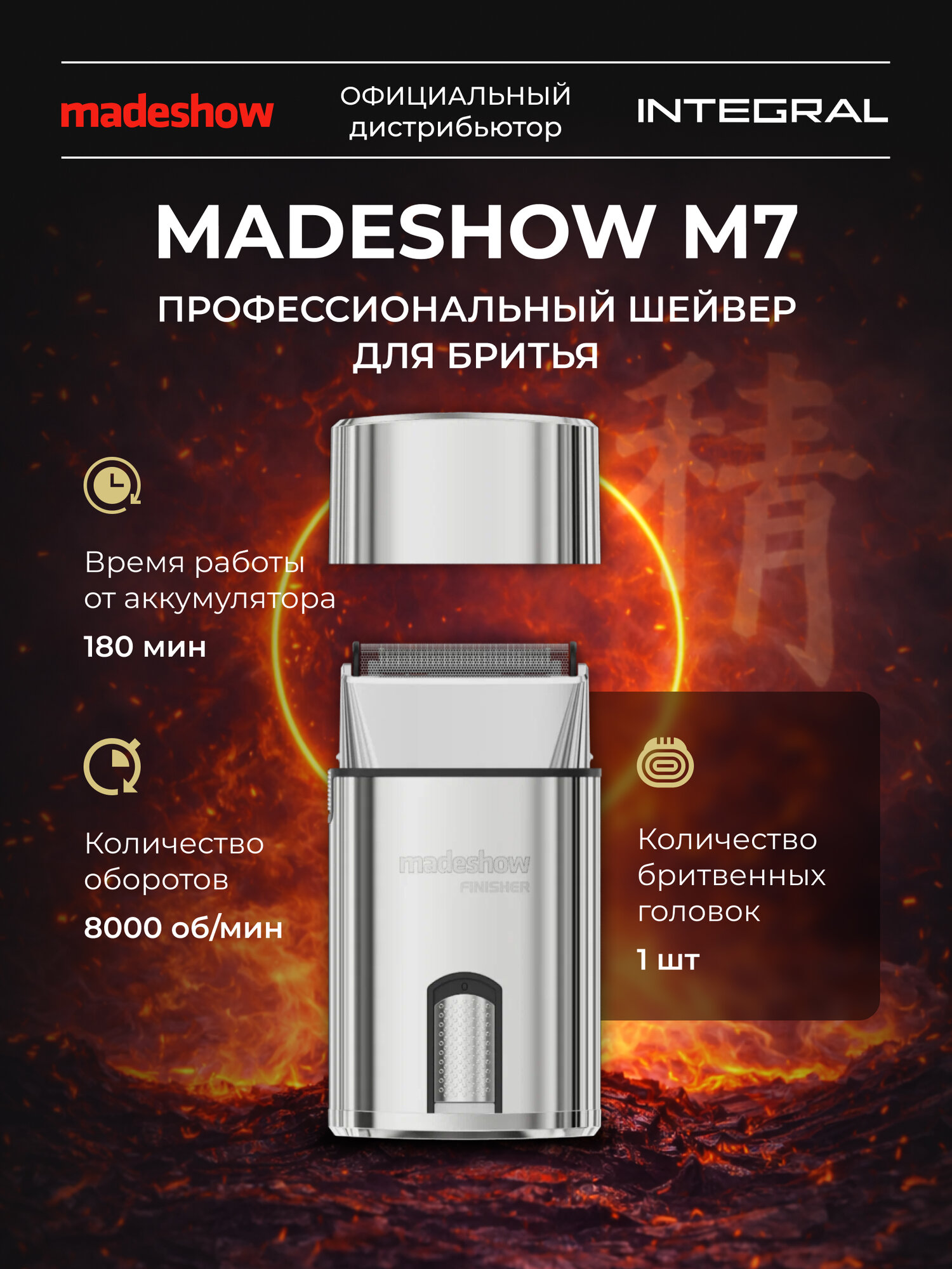 Электробритва мужская Madeshow M7, шейвер роторный, 7W, 8000 об/мин, серебристый, магнитная левитация, LED индикатор, полностью металлический корпус, профессиональный
