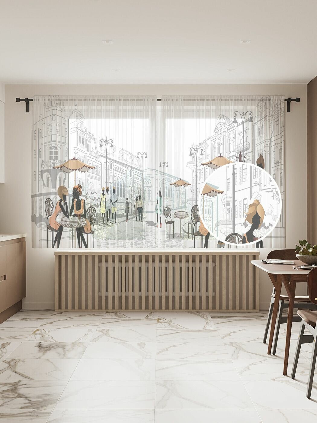 Тюль, фототюль короткий "Летние столики кафе" высота 180 см, ширина 145 см (по 2 полотна), JoyArty