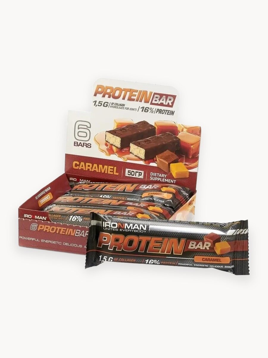 Протеиновый батончик IronMan PROTEIN BAR, с коллагеном, карамель, 6шт
