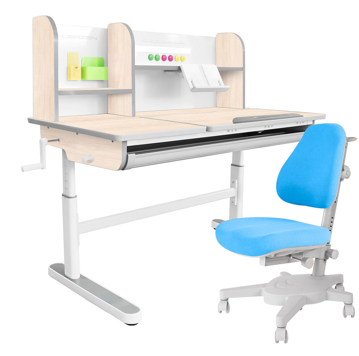 Комплект Kinderzen Gaudi Plus парта + кресло клен/серый c голубым креслом Anatomica Armata