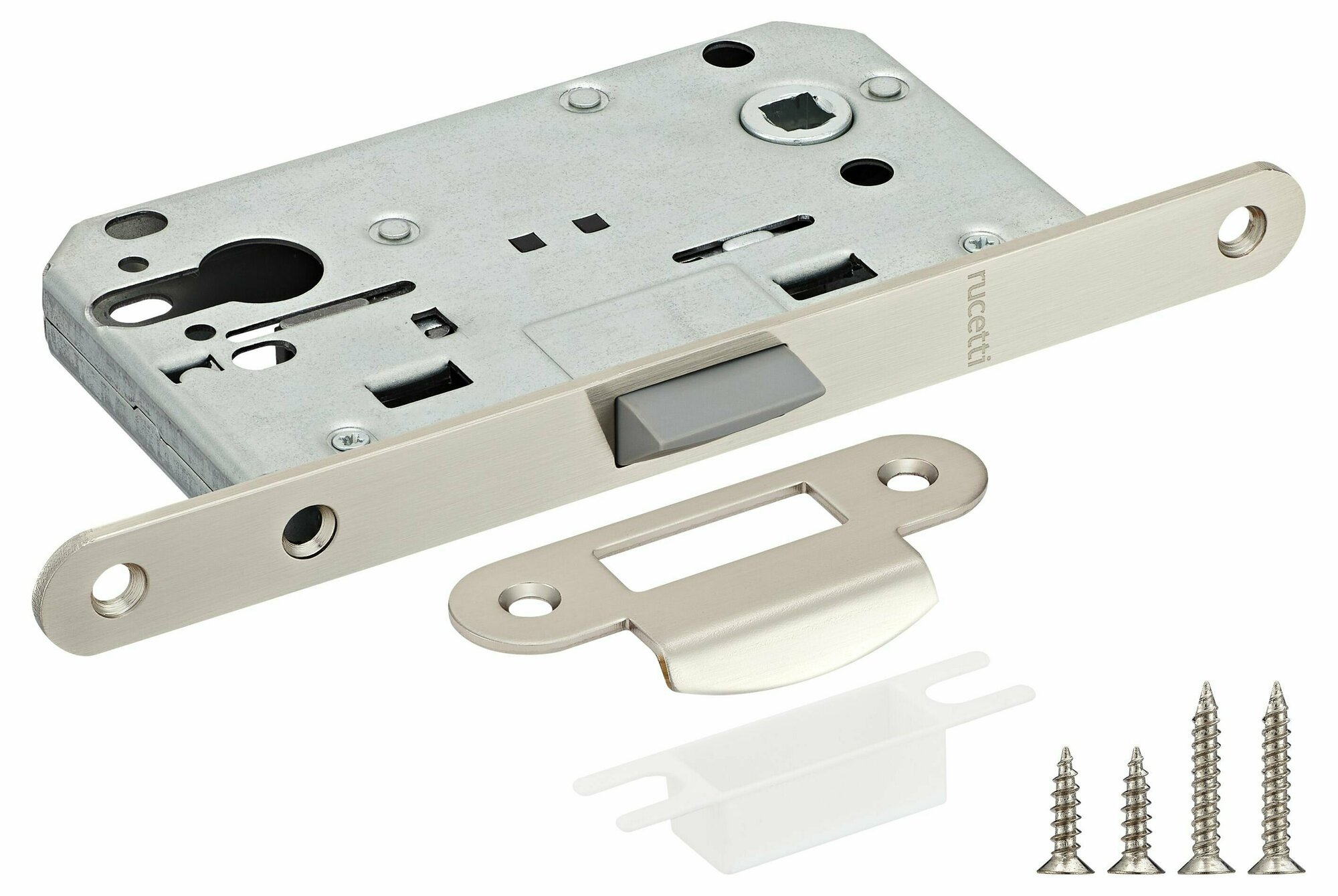 Защелка фиксатор дверная Rucetti, замок для межкомнатных дверей бесшумный, замок врезной с ответной планкой RP1885 SN, сатин никель