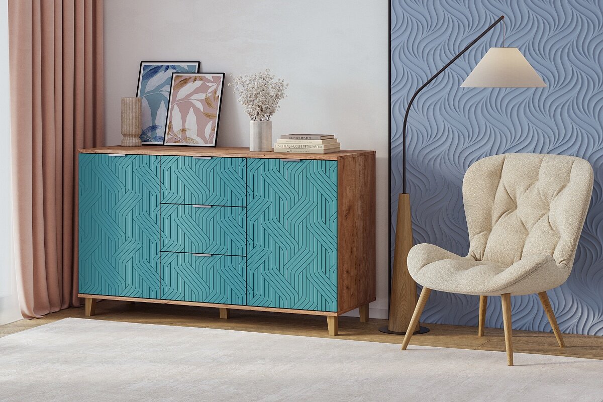 Комод МебельЛэнд24 Марвин 4 фрезеровка 3 Аквамарин 140x40x80 синий двухдверный с 3 ящиками