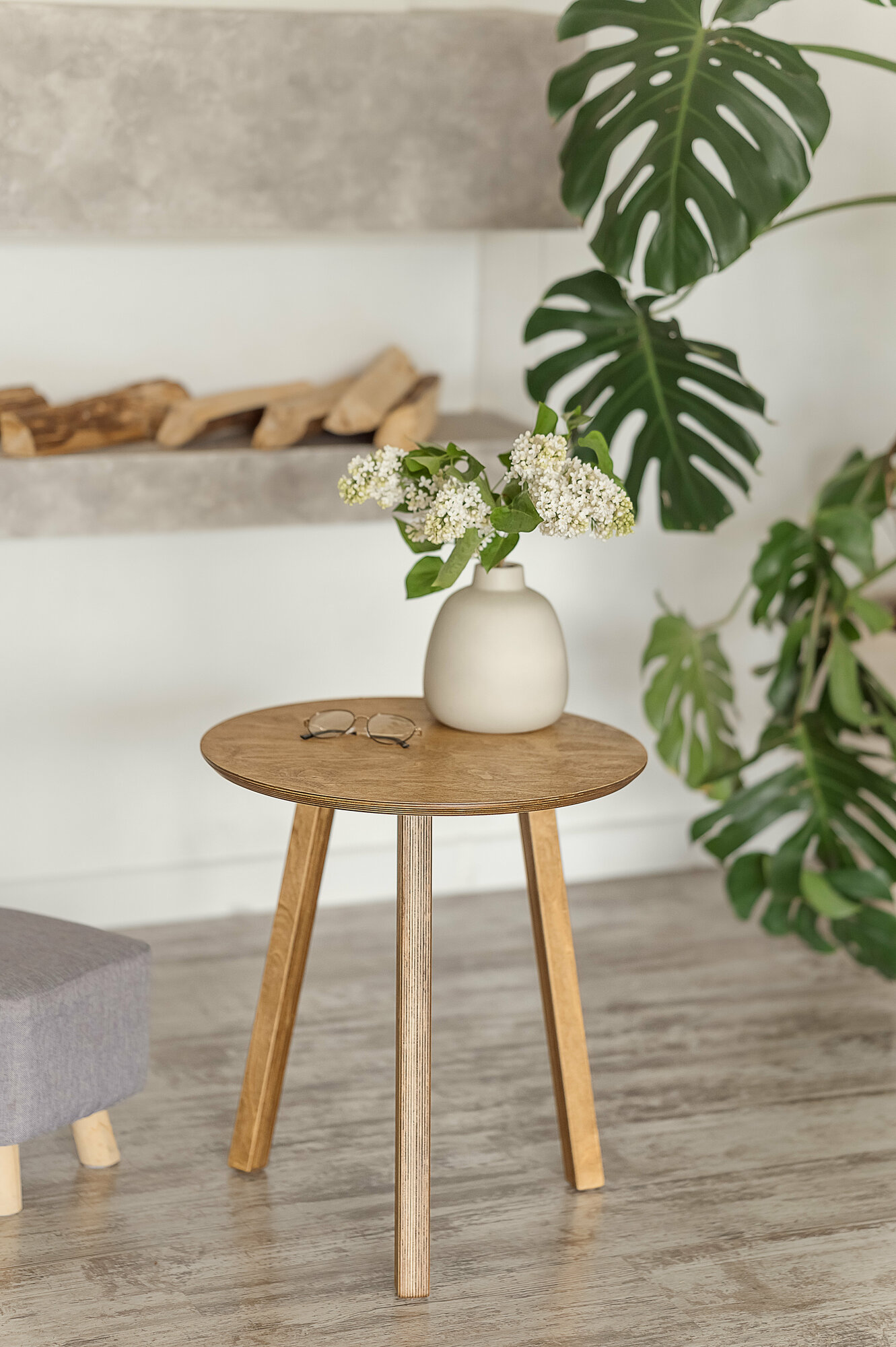 Журнальный столик "трио" , Приставной деревянный столик, Прикроватный круглый, Кофейный, из фанеры, 45х45х55 см