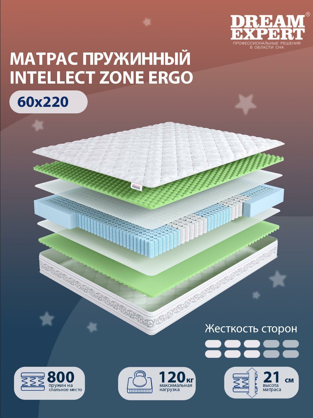 Матрас, Анатомический матрас DreamExpert Intellect Zone Ergo средней жесткости, детский, зональный пружинный блок, на кровать 60x220