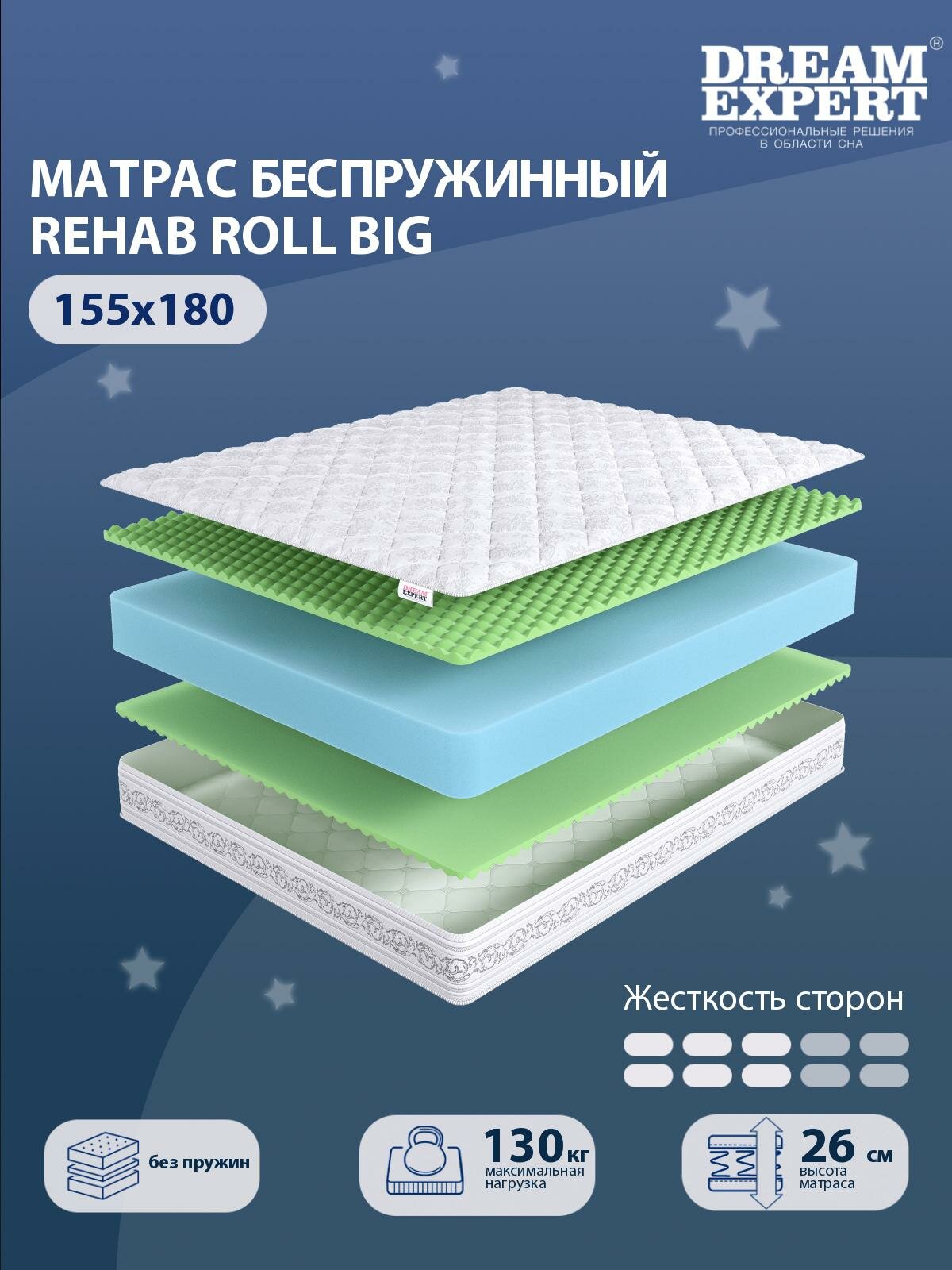 Матрас DreamExpert Rehab Roll Big средней жесткости, двуспальный, беспружинный, на кровать 155x180