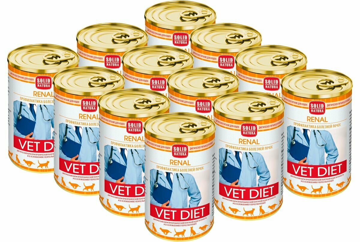 Консервы SOLID NATURA VET DIET RENAL для взрослых кошек при хронической почечной недостаточности с курицей (340 гр х 12 шт)