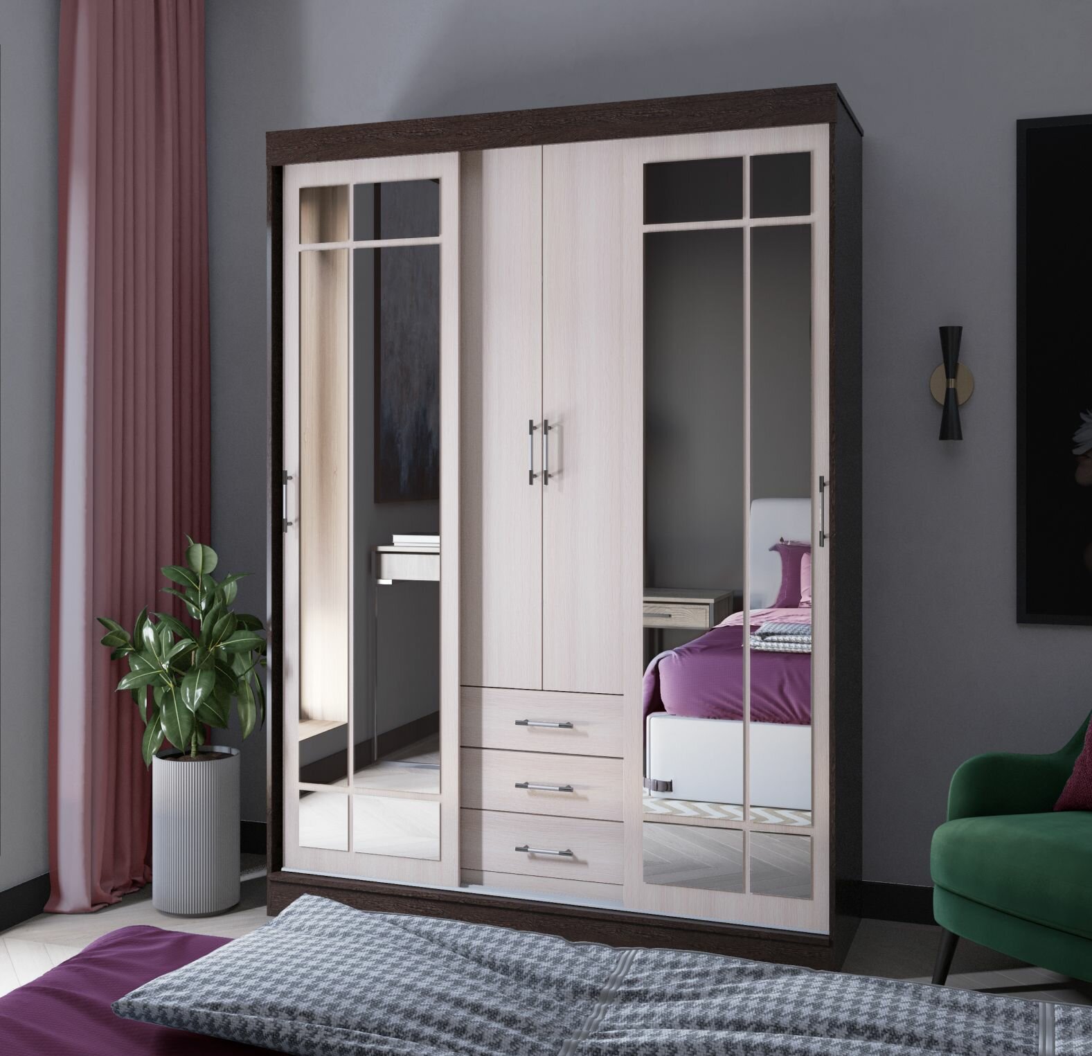 Шкаф распашной с зеркалом Маэстро Лайт венге/Дуб молочный