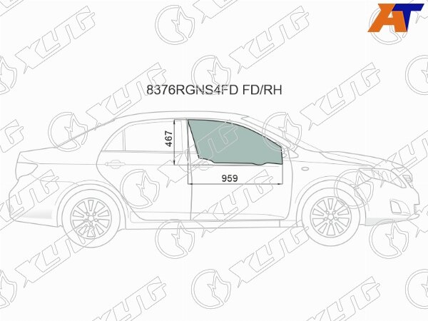 Стекло боковое опускное (Спереди/ Справа/ Цвет зеленый/ Крепления) Toyota Corolla (E150) 06-13 / Cor XYG арт. 8376RGNS4FD FD/RH