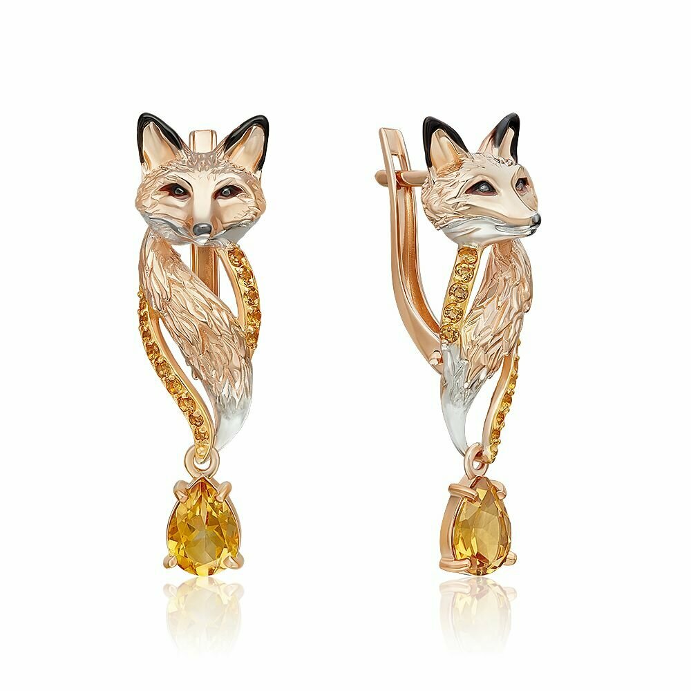 Серьги, красное золото, 585 проба, эмаль, цитрин