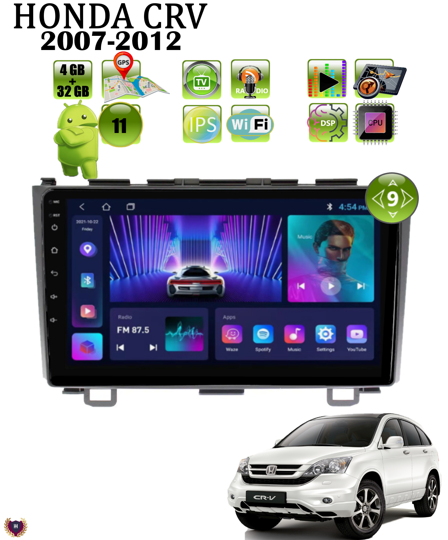 Автомагнитола для Honda CR-V (2007-2012), Android 11, 4/32 Gb, Wi-Fi, Bluetooth, GPS, CarPlay, поддержка кнопок на руле