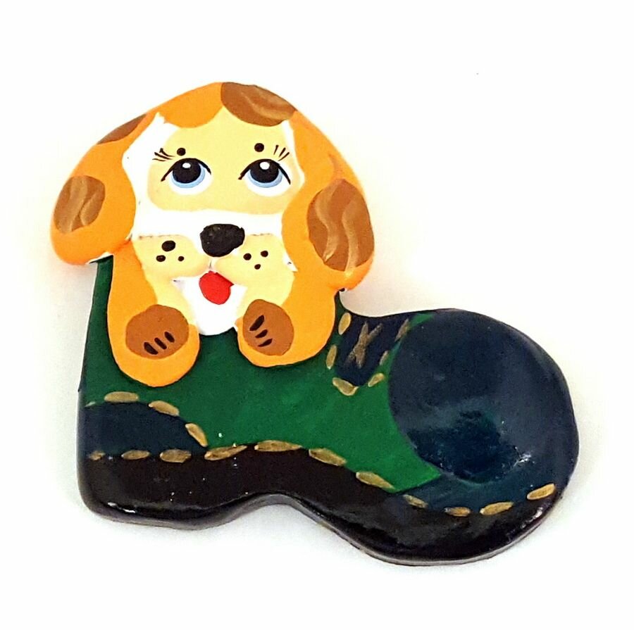 Магнит "Щенок в ботинке"-1, Ковровская глиняная игрушка, ручная авторская работа