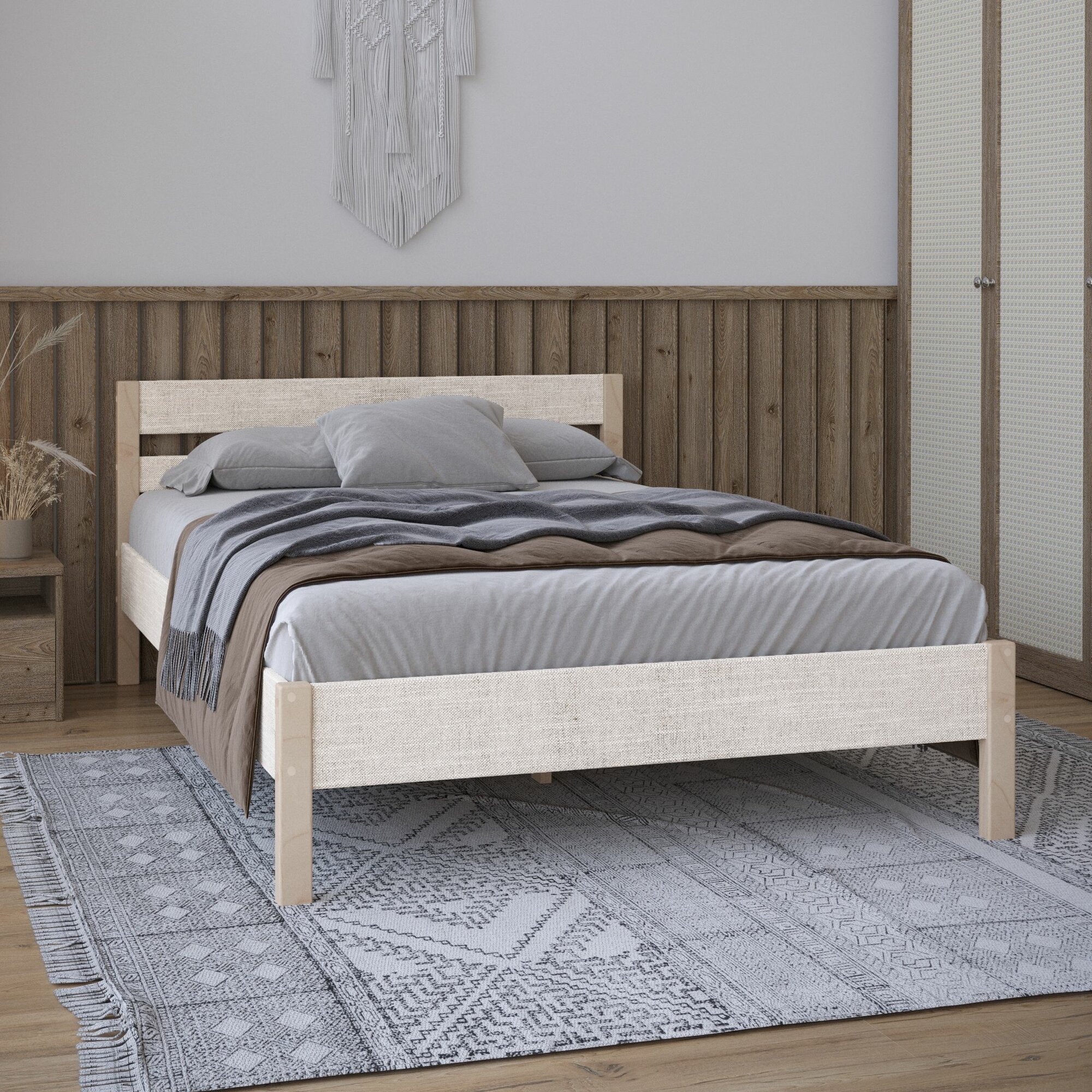 Кровать односпальная, 120х190 см, Hansales, деревянная, из массива березы, ткань белая