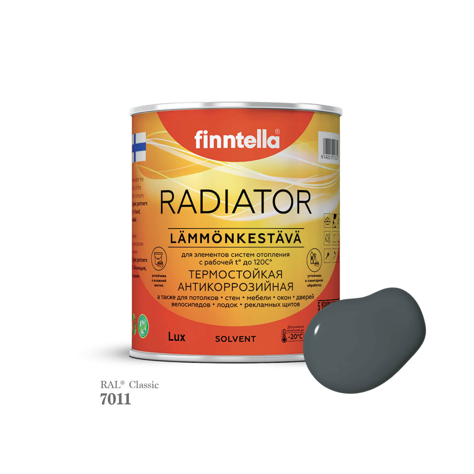 Краска для радиаторов быстросохнущая финская эмаль FINNTELLA RADIATOR, цвет RAL7011 , 0,9л