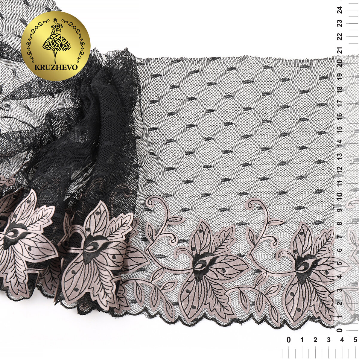 Кружево вышивка на сетке KRUZHEVO, арт. TBY. OG43, ширина 205мм, цвет черный, левая, уп.6м
