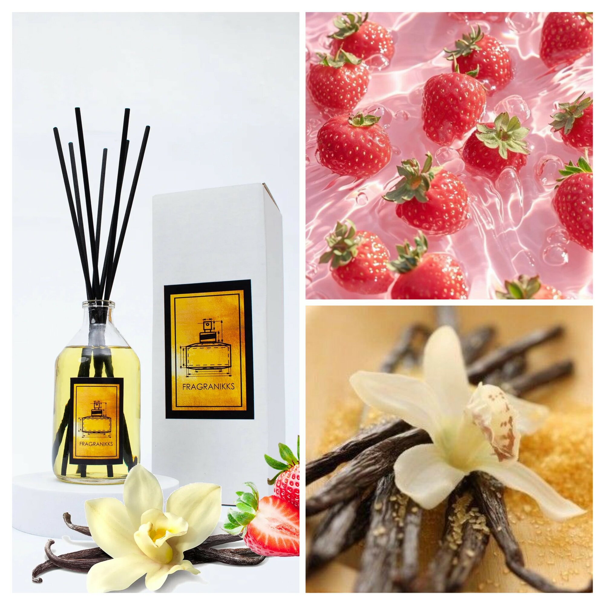 Диффузор ароматический FragraNikks "Клубника Ваниль" 125 мл, набор для создания аромадиффузора с палочками, ароматизатор, оригинальный подарок
