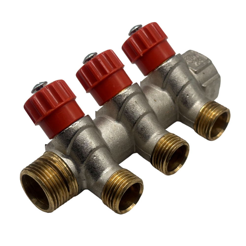 Коллектор "Vito" для медной трубы, регулируемый, красная ручка, NTM арт.610, В/Н 3/4"х 3в. х 1/2" НР, шаг 36 мм