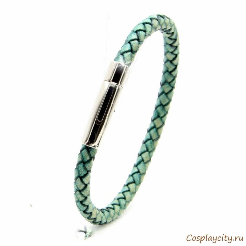 Жесткий браслет, аквамарин, кожа, металл