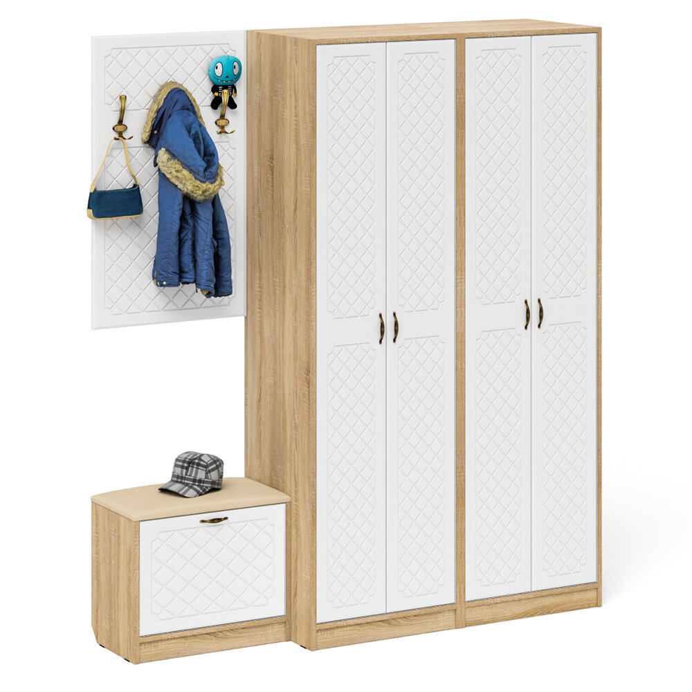 Модульная мебель для прихожей П-6 № 9, цвет дуб сонома/фасады МДФ белое дерево фрезеровка ромб, ШхГхВ 180х50х210 см.