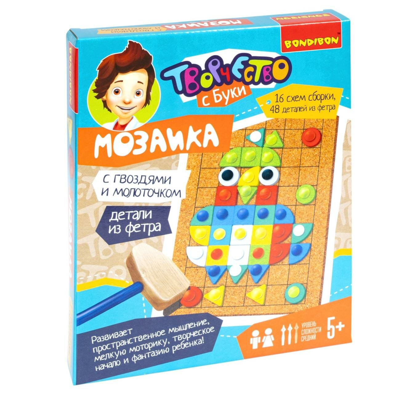 Набор для творчества BONDIBON. Мозаика с гвоздями и молоточком (детали из фетра). Веселые картинки,