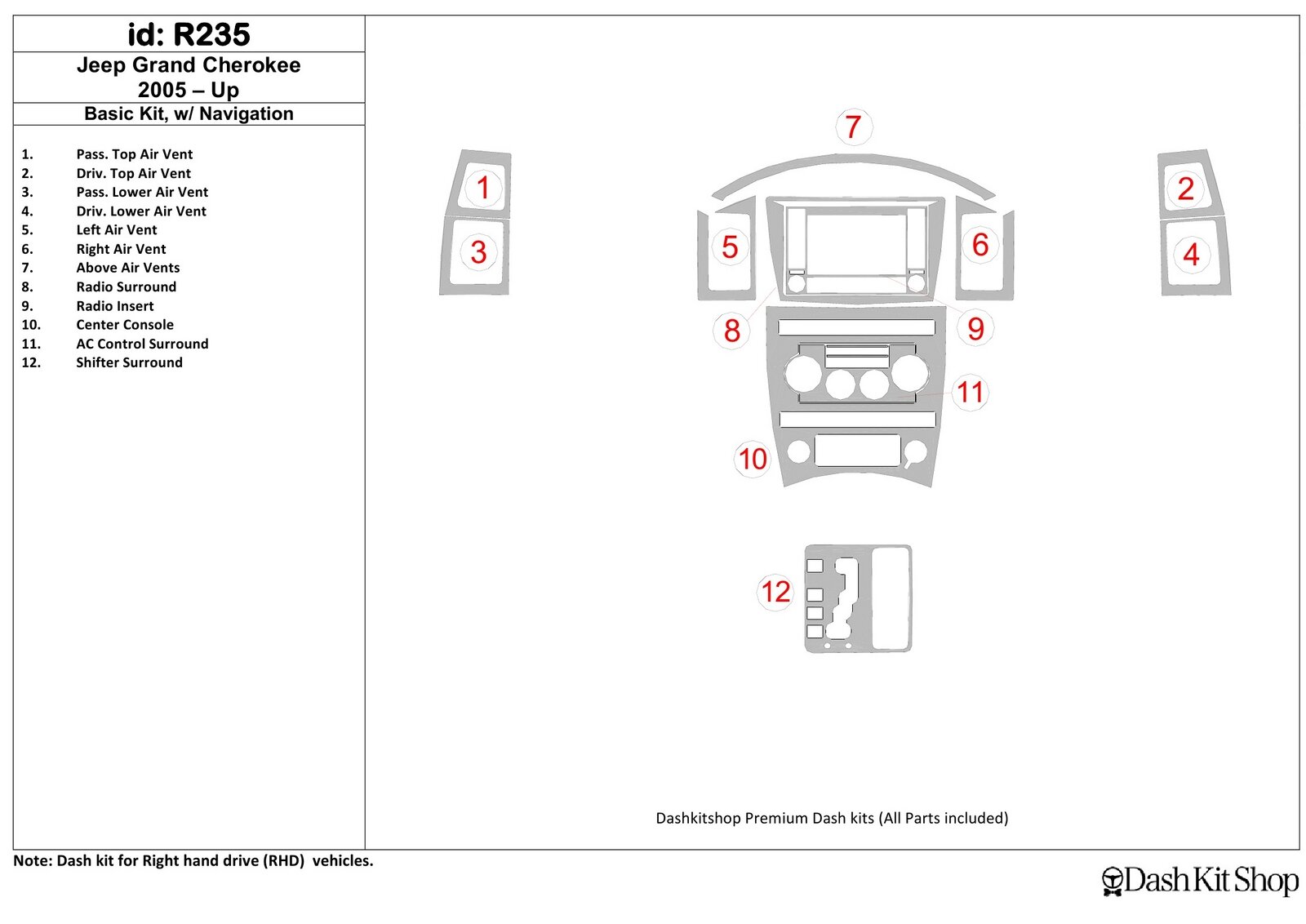 Накладки салона под дерево, карбон, алюминий для Jeep Grand Cherokee 2005-UP. Комплект R235.