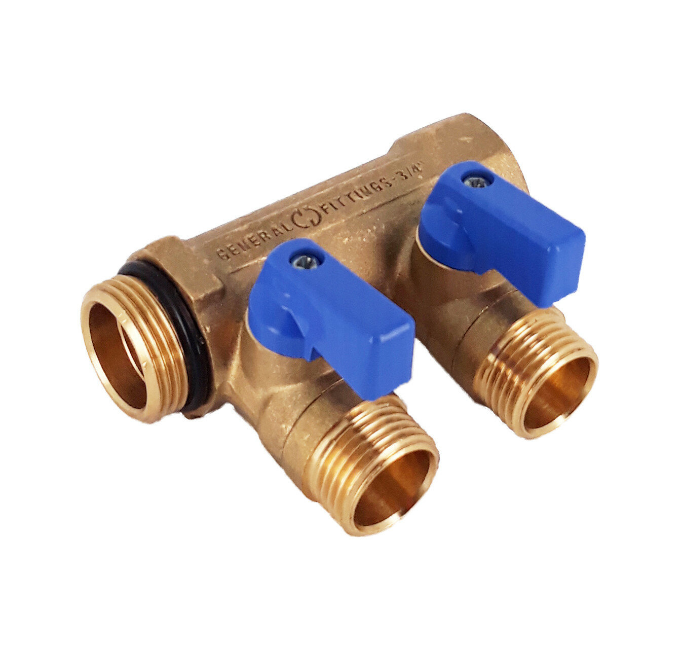 Коллектор 1"вр/нр х1/2"нр (2 выхода) GF (синий) с шаровыми отсекающими кранами, латунь, для труб металлопласт, сшитого полиэтилена